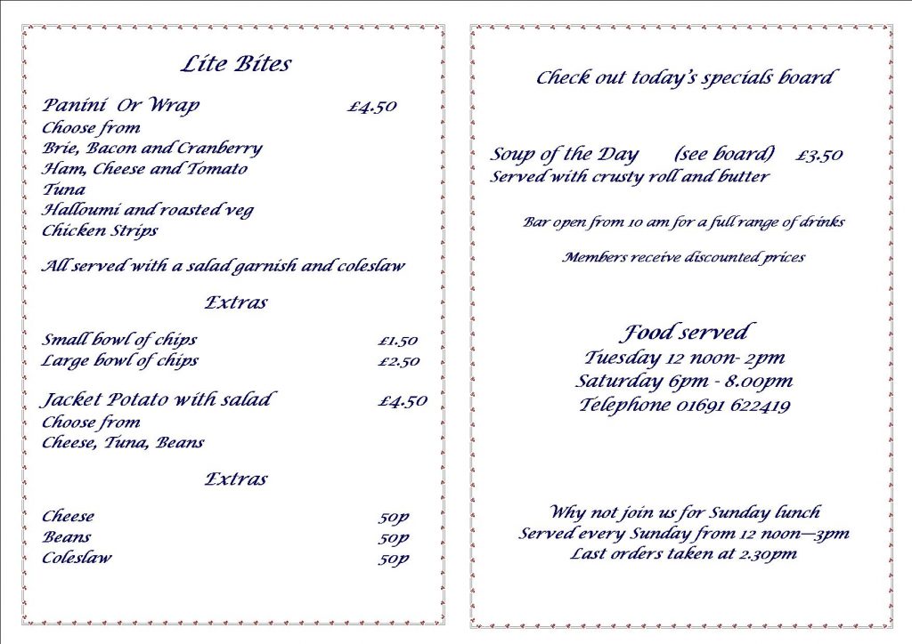 Lite Bites Menu